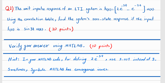 Solved Q2h(t)=[2e-3t-e-2t]u(t).Using the convolution table, | Chegg.com
