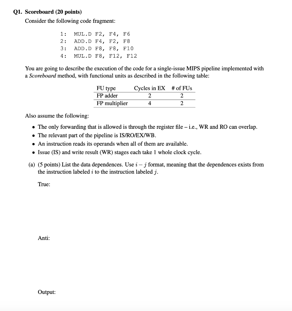 Q1. Scoreboard (20 points) Consider the following | Chegg.com