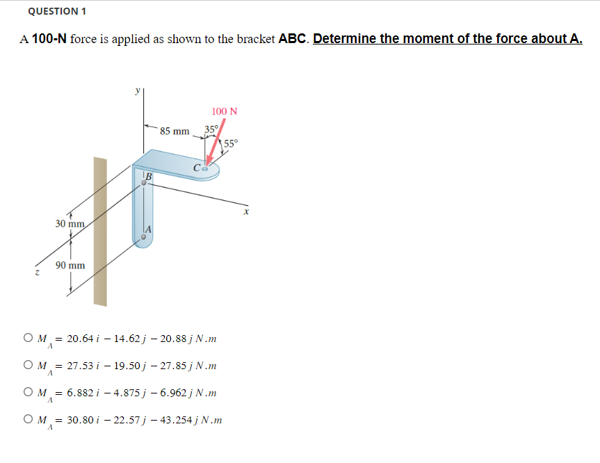 [Solved]: A 100N force is applied as shown to the bracket A