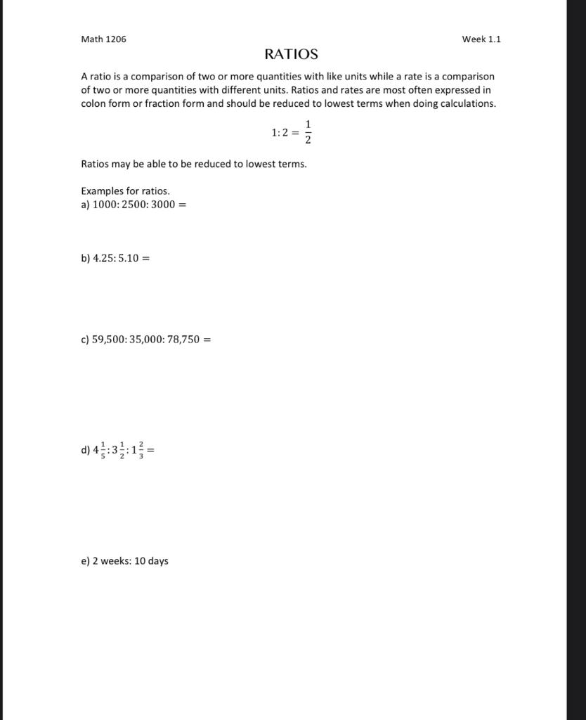 Solved Math 1206 Week 1.1 RATIOS A ratio is a comparison of | Chegg.com