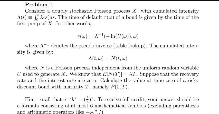 Problem 1 Consider a doubly stochastic Poisson | Chegg.com