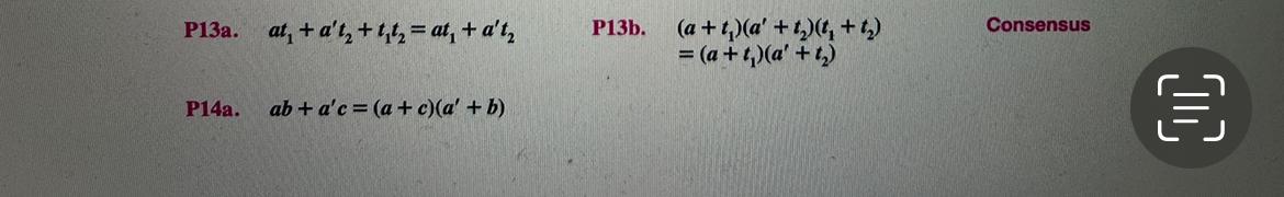 Solved Consensus P14a. ab+a′c=(a+c)(a′+b) | Chegg.com