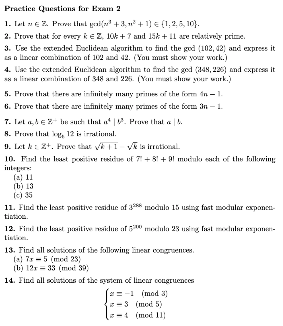 Solved + Practice Questions for Exam 2 1. Let n e Z. Prove | Chegg.com