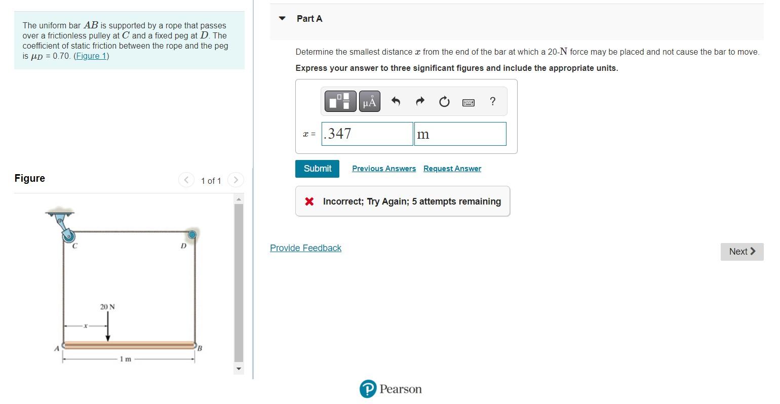 Solved The uniform bar AB is supported by a rope that passes | Chegg.com
