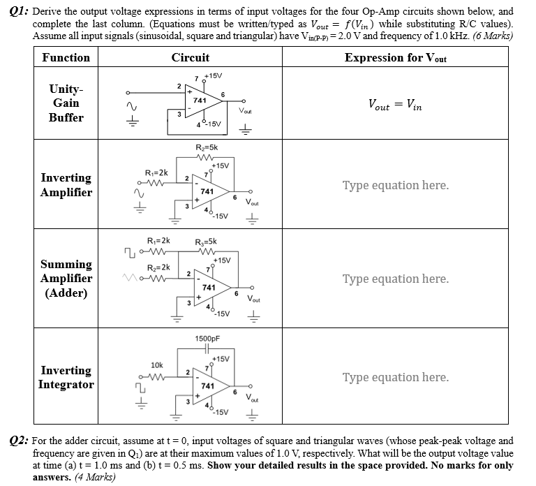 Solved = Q1: Derive the output voltage expressions in terms | Chegg.com