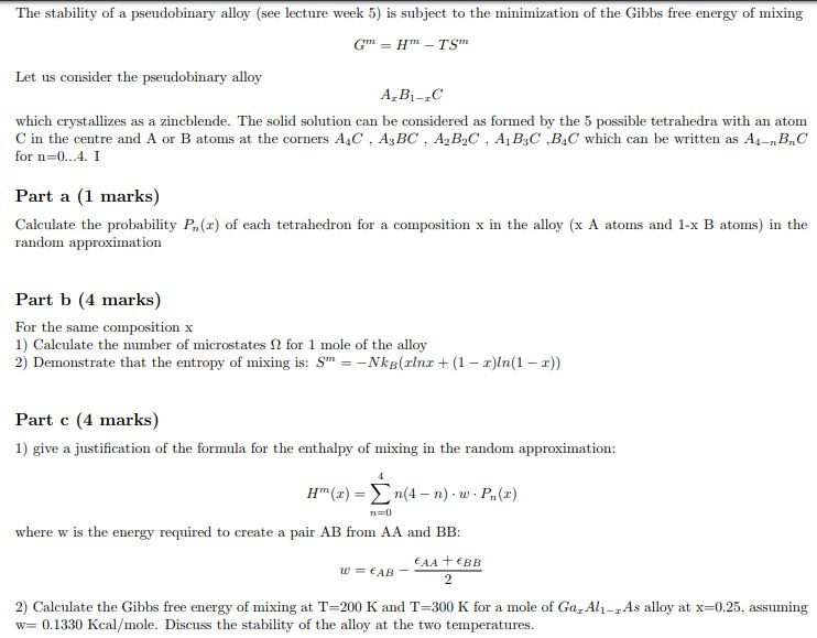 The stability of a pseudobinary alloy (see lecture | Chegg.com
