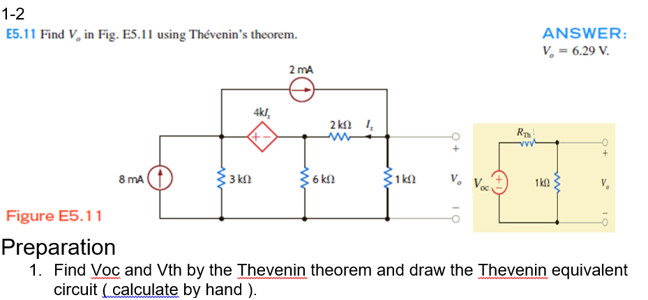 Solved 1-2 E5.11 Find V. in Fig. E5.11 using Thévenin's | Chegg.com
