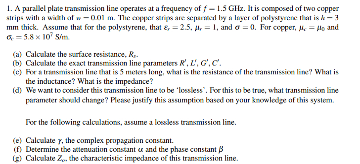 Solved A parallel plate transmission line operates at a | Chegg.com