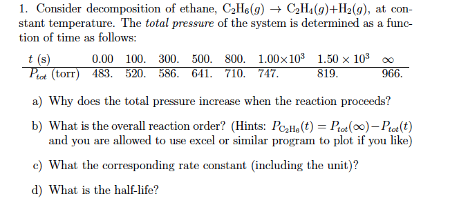 Solved 1. Consider decomposition of ethane, C2H6(9) + | Chegg.com