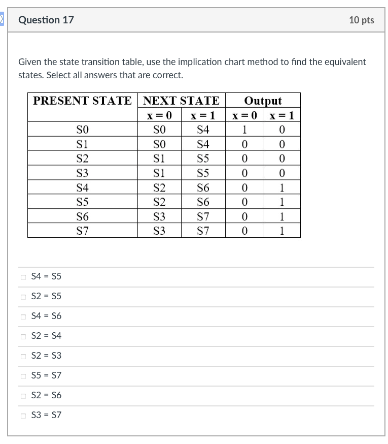 Solved Question 17 10 pts Given the state transition table, | Chegg.com