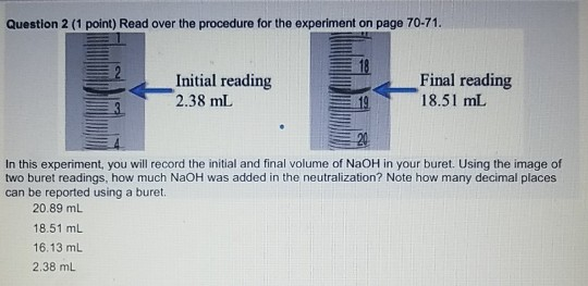 Solved Question 2 (1 point) Read over the procedure for the | Chegg.com