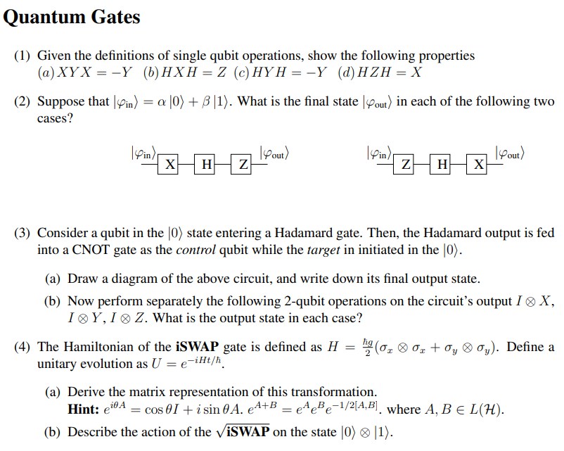 Solved 1 Given The Definitions Of Single Qubit Operations 