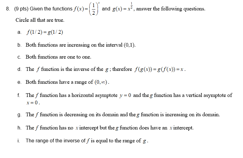 Solved 1 8. (9 pts) Given the functions f(x)= and g(x)=x7, | Chegg.com