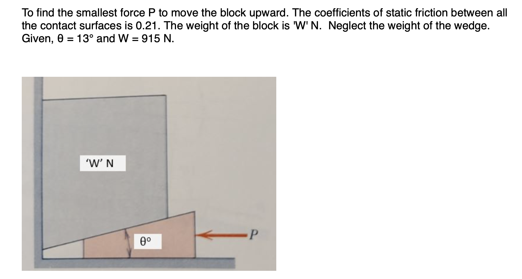 Solved To find the smallest force P to move the block | Chegg.com