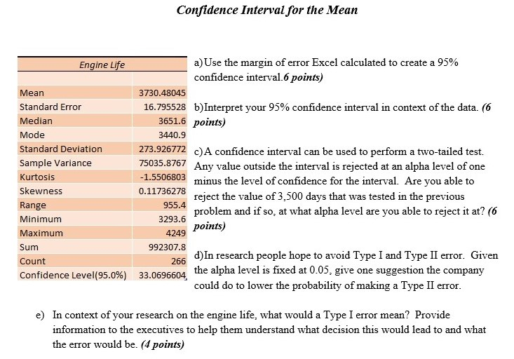 Confidence Interval for the Mean Engine Life Mean | Chegg.com