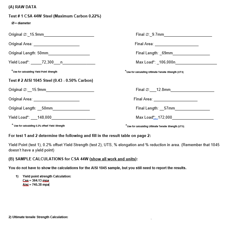 Solved (A) RAW DATA Test # 1 CSA 44W Steel (Maximum Carbon | Chegg.com