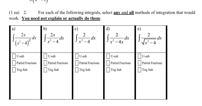 Solved (1 ea) 2. For each of the following integrals, select | Chegg.com