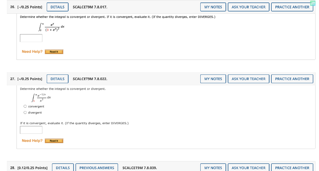 Solved ∫0∞(3+ex)2exdx SCALCET9M 7.8.022. Determine whether | Chegg.com