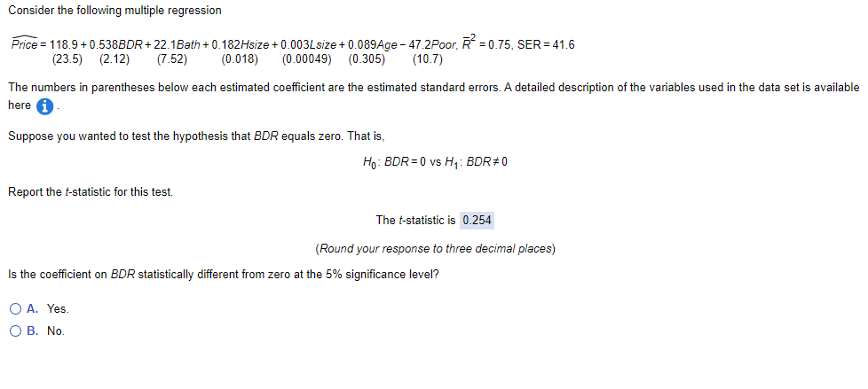 Solved Consider the following multiple regression Price = | Chegg.com