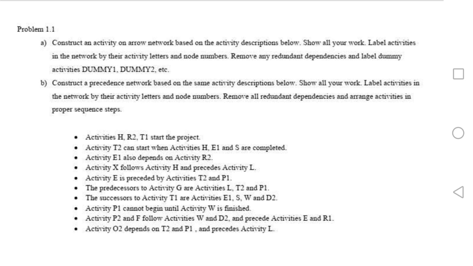 Solved Problem 1.1 a) Construct an activity on arrow network | Chegg.com