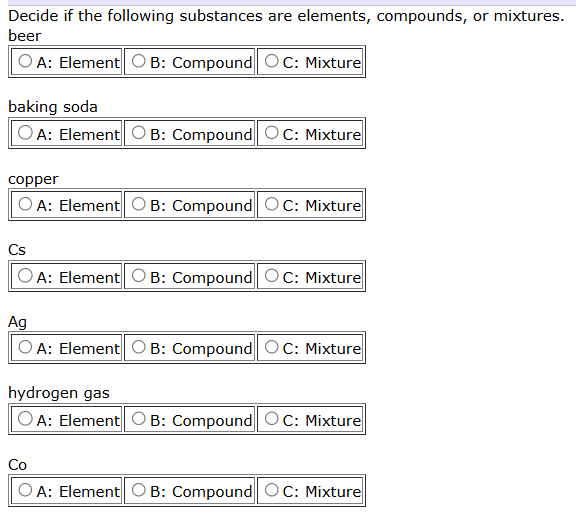 Solved Decide if the following substances are elements, | Chegg.com
