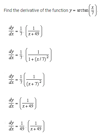 Solved x Find the derivative of the function y = arctan 1 = | Chegg.com