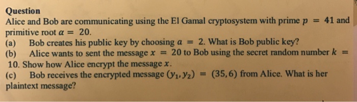Solved Alice and Bob are communicating using the El Gamal | Chegg.com