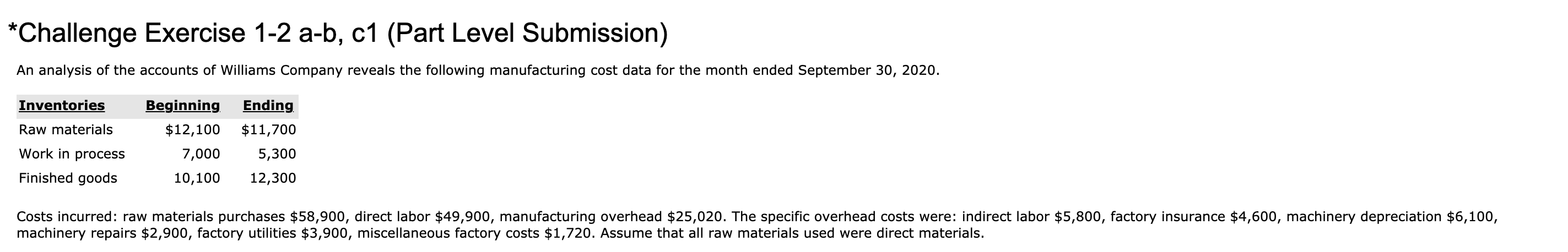 Solved *Challenge Exercise 1-2 a-b, c1 (Part Level | Chegg.com