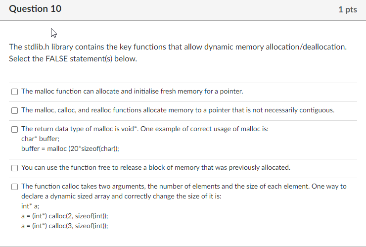Solved Question 10 1 pts The stdlib.h library contains the | Chegg.com