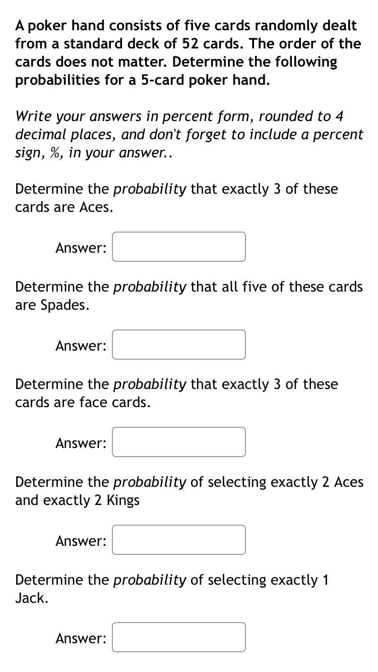 Solved A poker hand consists of five cards randomly dealt | Chegg.com