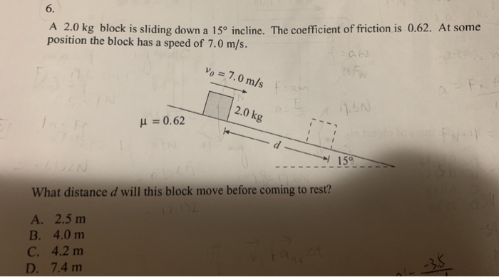 Solved 6. A 2.0 kg block is sliding down a 15° incline. The | Chegg.com