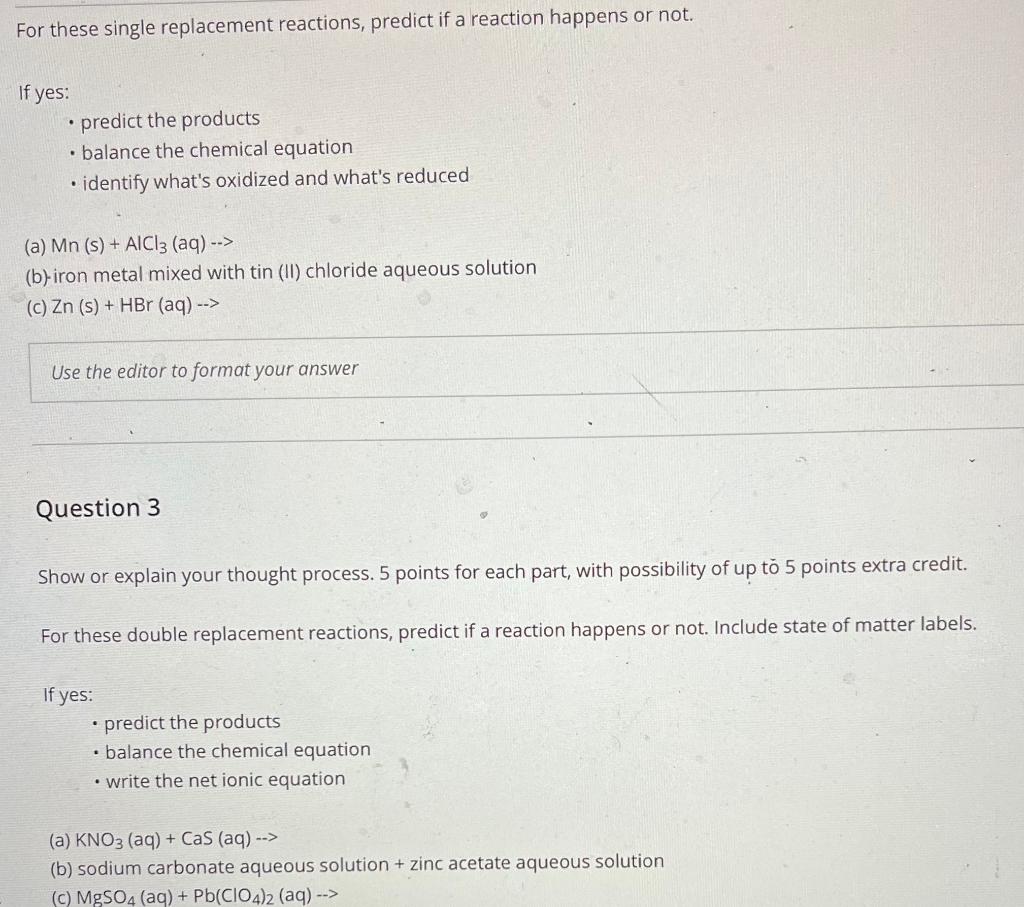 Solved For these single replacement reactions, predict if a | Chegg.com