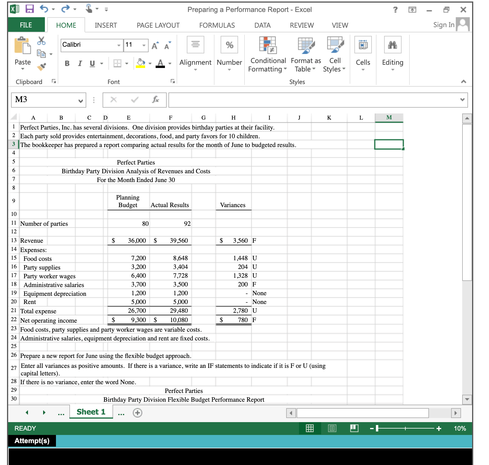 Preparing a Performance Report using Excel's ABS, IF | Chegg.com