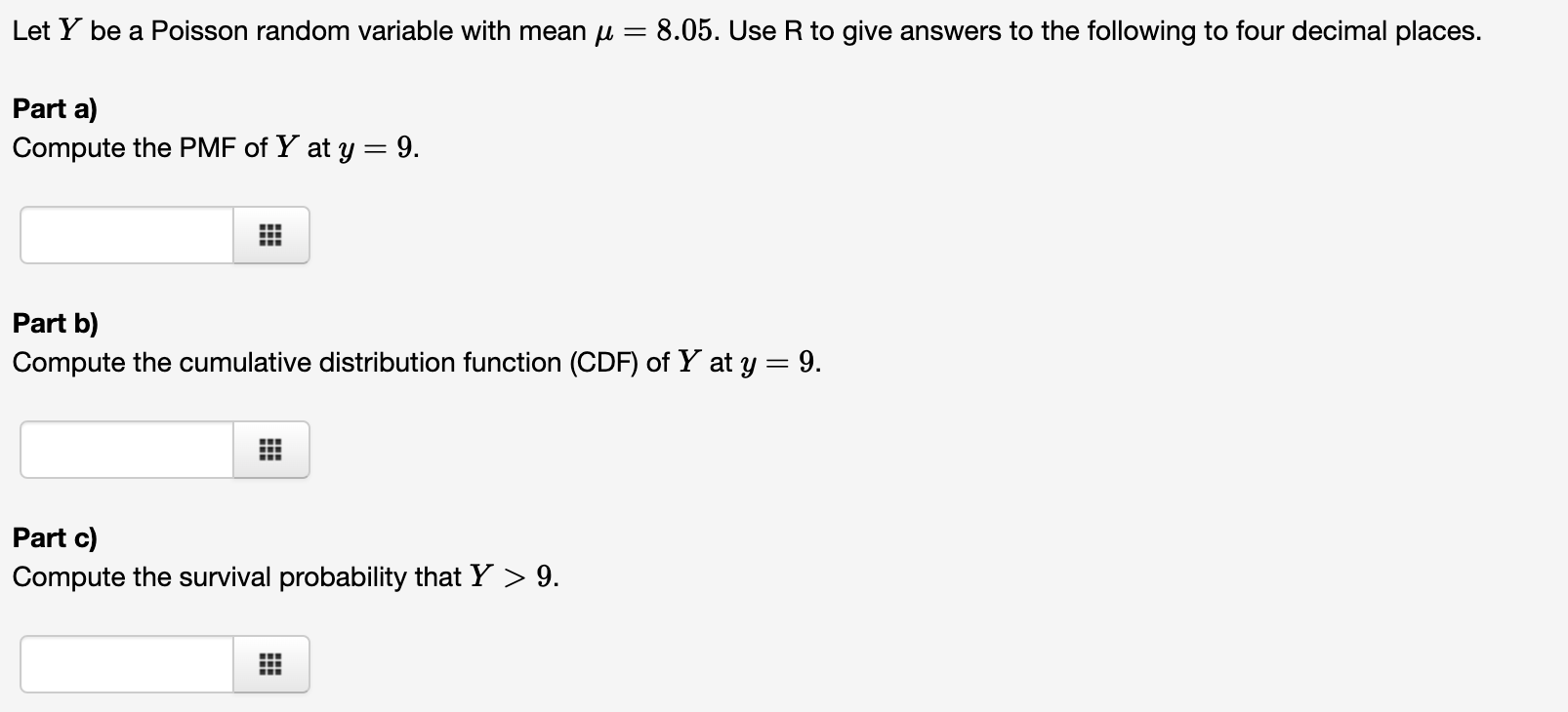 Solved Let Y be a Poisson random variable with mean μ=8.05. | Chegg.com