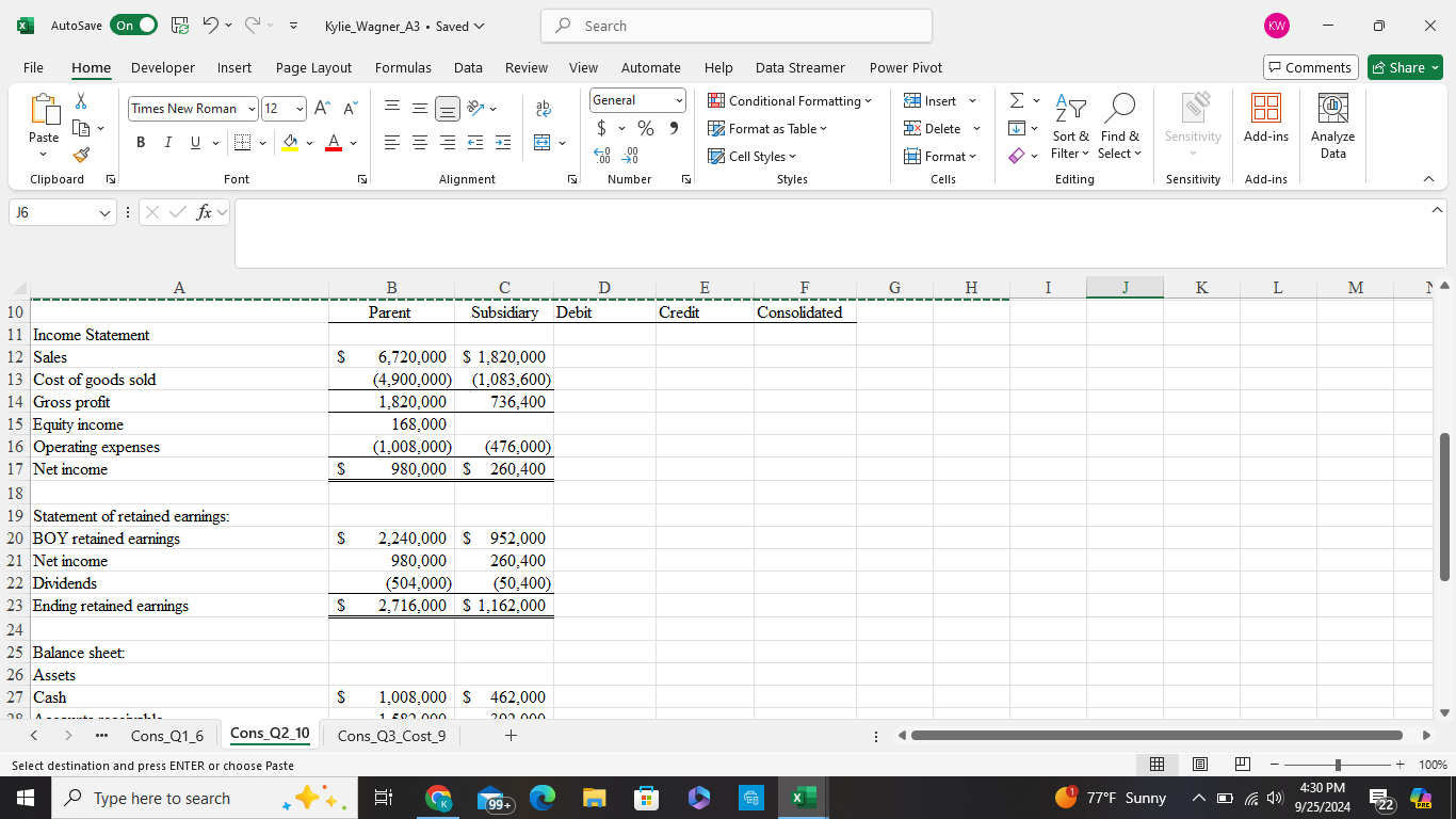 Solved "Assume a parent company acquired a subsidiary on | Chegg.com