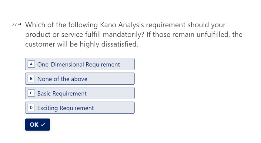 Solved 27→ ﻿Which of the following Kano Analysis requirement | Chegg.com
