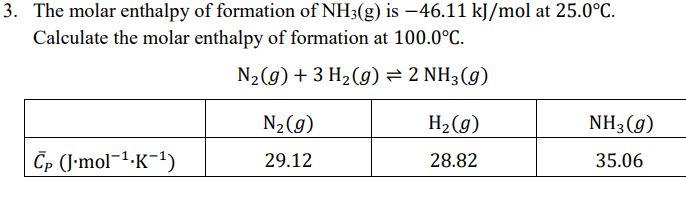 Solved 3. The molar enthalpy of formation of NH3(g) is | Chegg.com