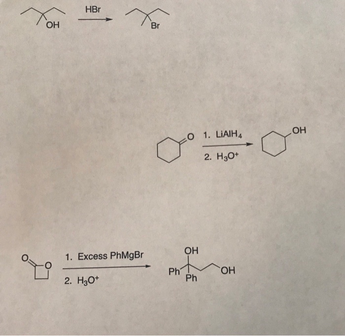 Solved HBr ?? Br 1. LiAIH4 2. H30+ OH 1. Excess PhMgBr PM | Chegg.com