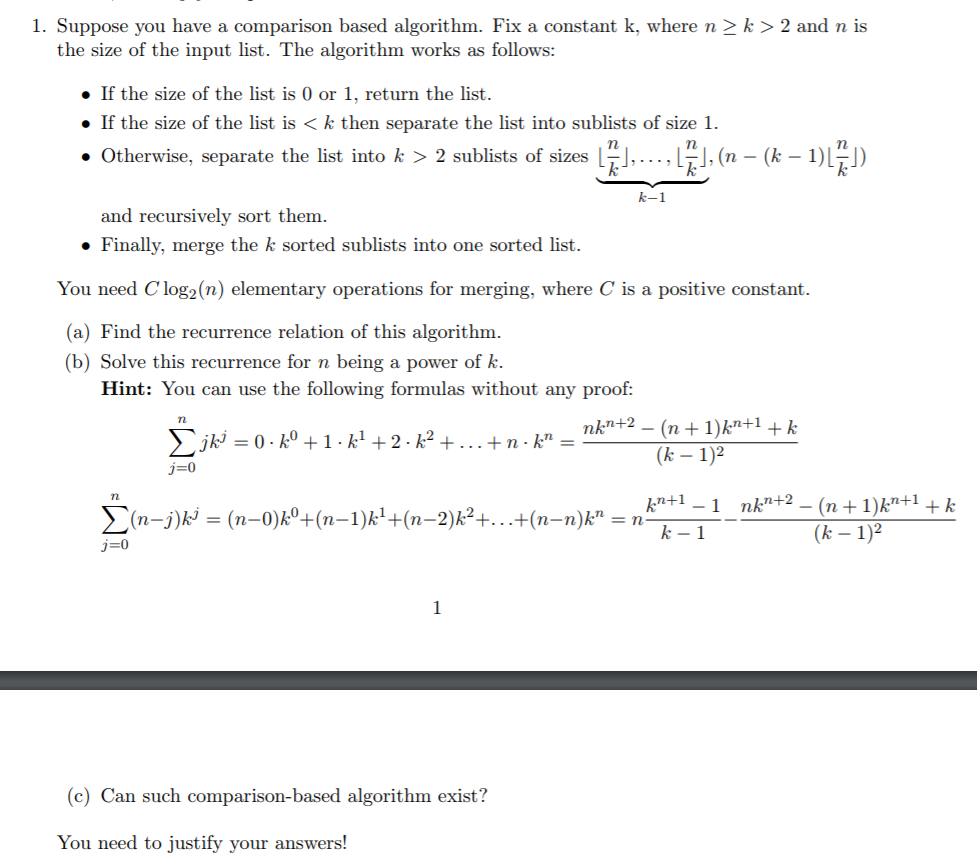 1. Suppose you have a comparison based algorithm. Fix | Chegg.com