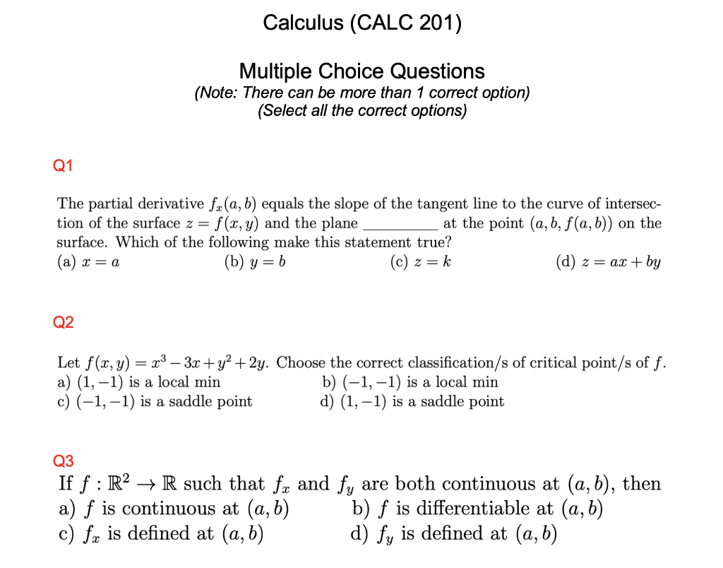 Solved Calculus (CALC 201) Multiple Choice Questions (Note: | Chegg.com