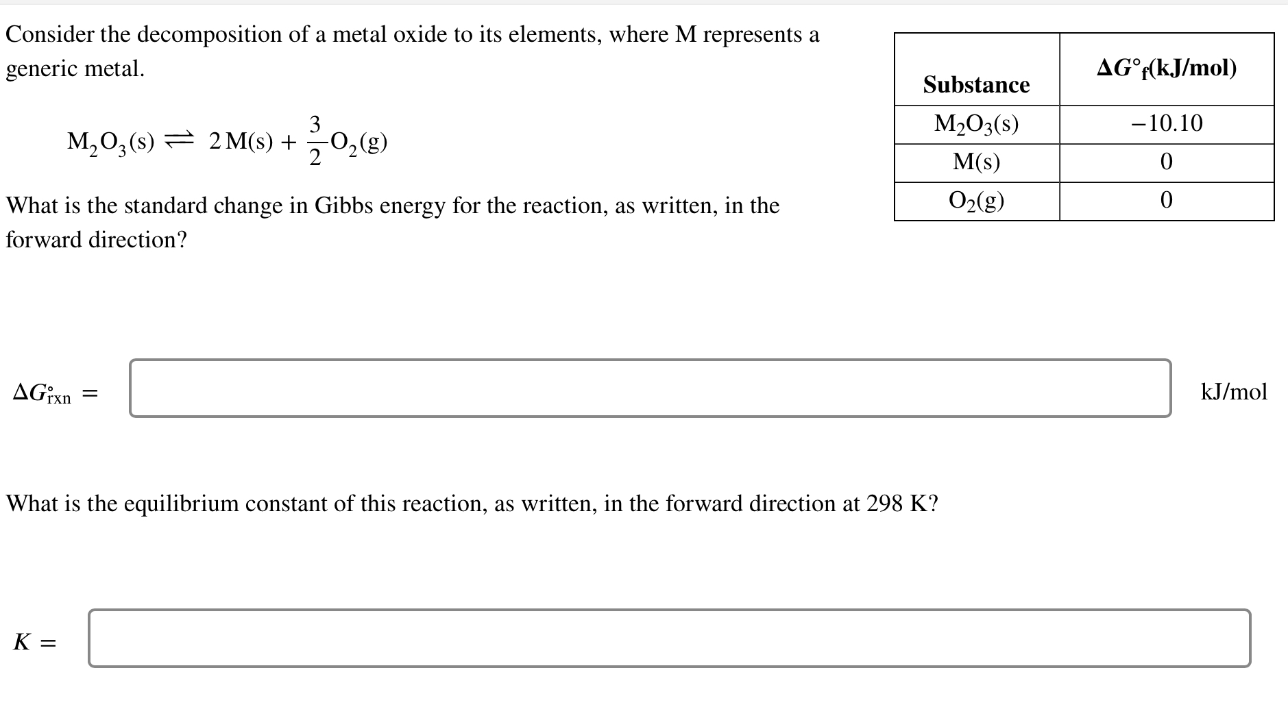 Solved Consider the decomposition of a metal oxide to its | Chegg.com