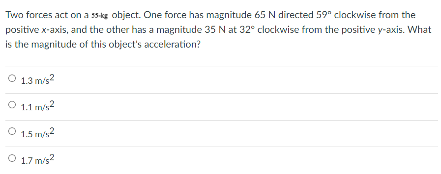 Solved Two Forces Act On A 55 Kg Object One Force Has