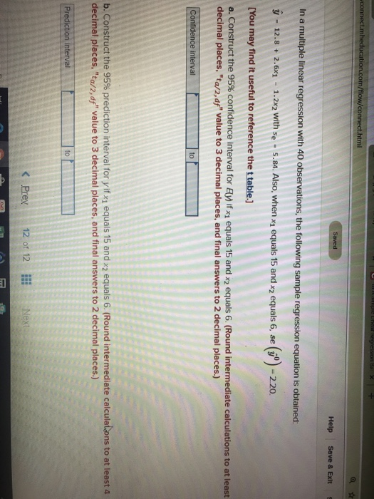 Solved nnect.htm Help Save & Exit In a multiple linear | Chegg.com