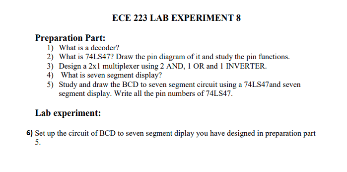 Solved ECE 223 LAB EXPERIMENT 8 Preparation Part: 1) What is | Chegg.com