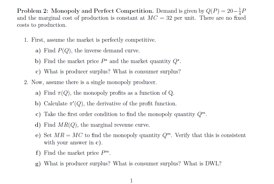 Solved Problem 2: Monopoly and Perfect Competition. Demand | Chegg.com
