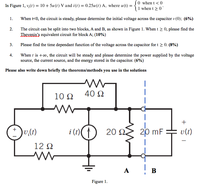 Solved In Figure 1, v;(t) = 10 + 5u(t) V and i(t) = 0.25u(t) | Chegg.com