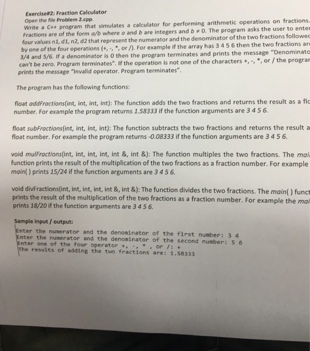 Solved Exercise#2: Fraction Calculator Open the file Problem | Chegg.com