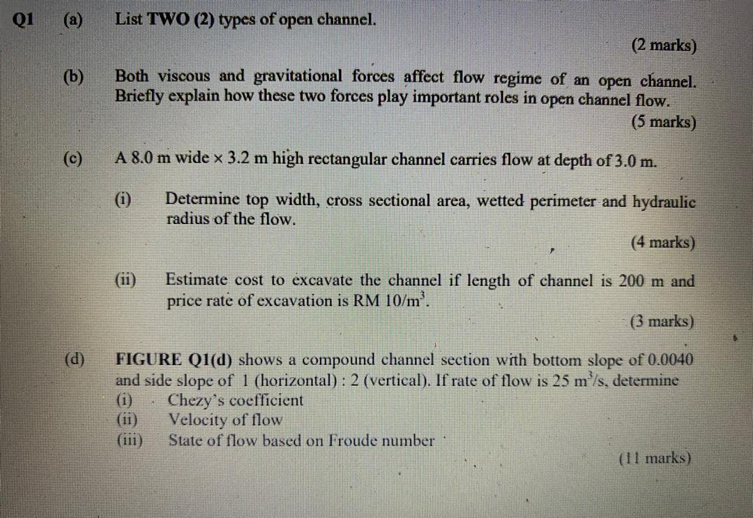 Solved Q1 @ (b) (c) List TWO (2) types of open channel. (2 | Chegg.com