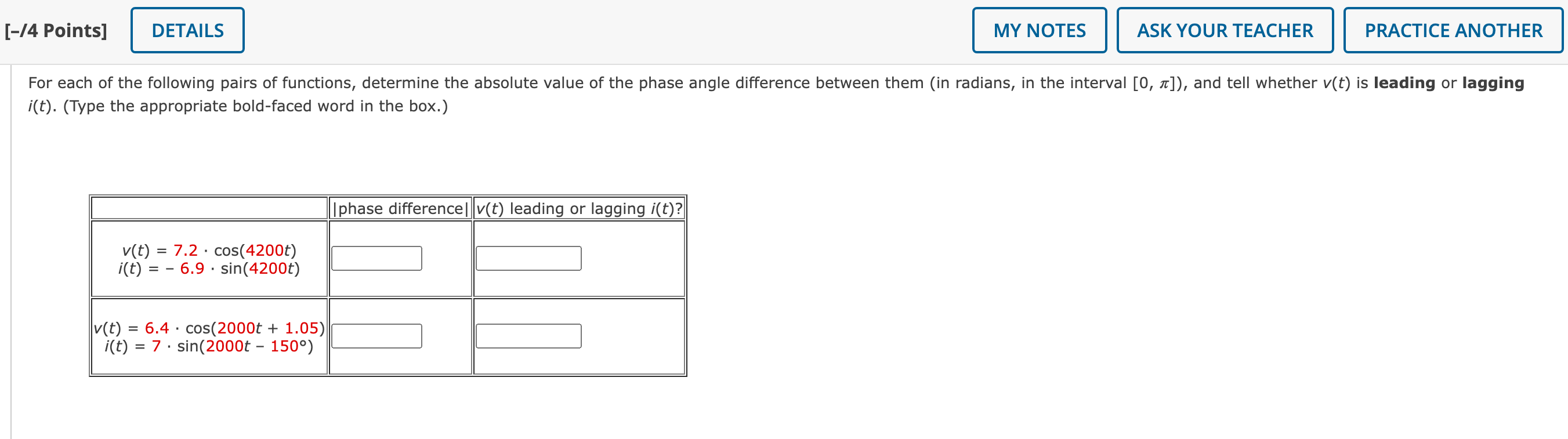 Solved i(t). (Type the appropriate bold-faced word in the | Chegg.com