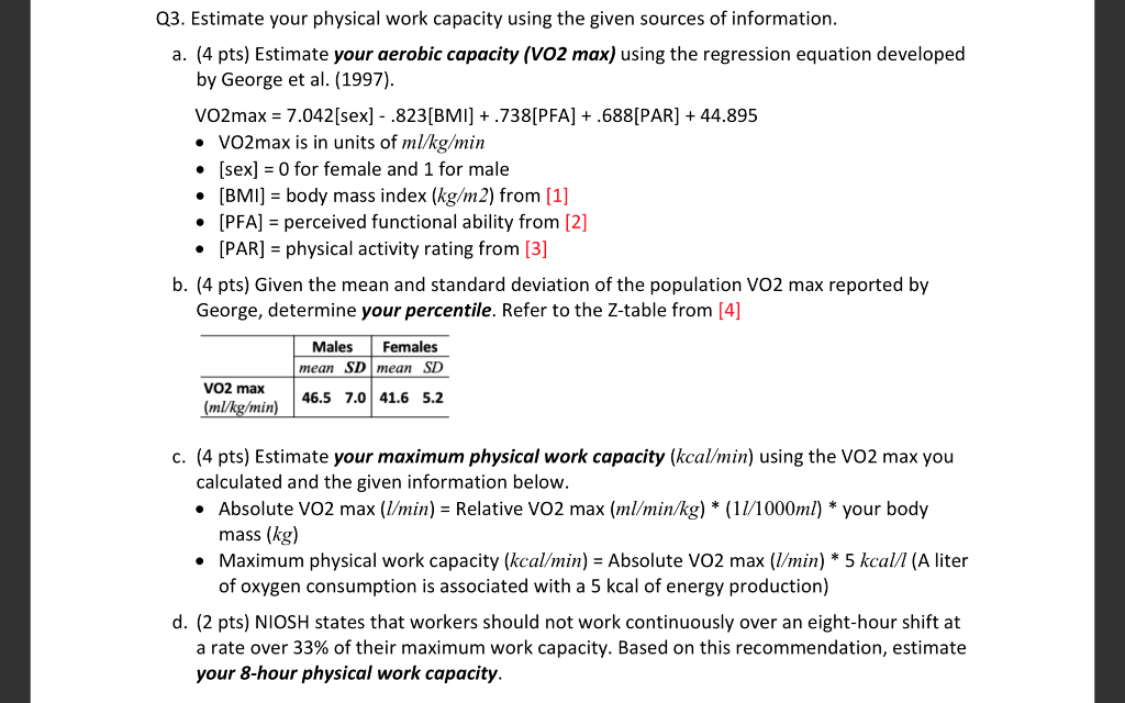 Estimate your physical work capacity using the given | Chegg.com